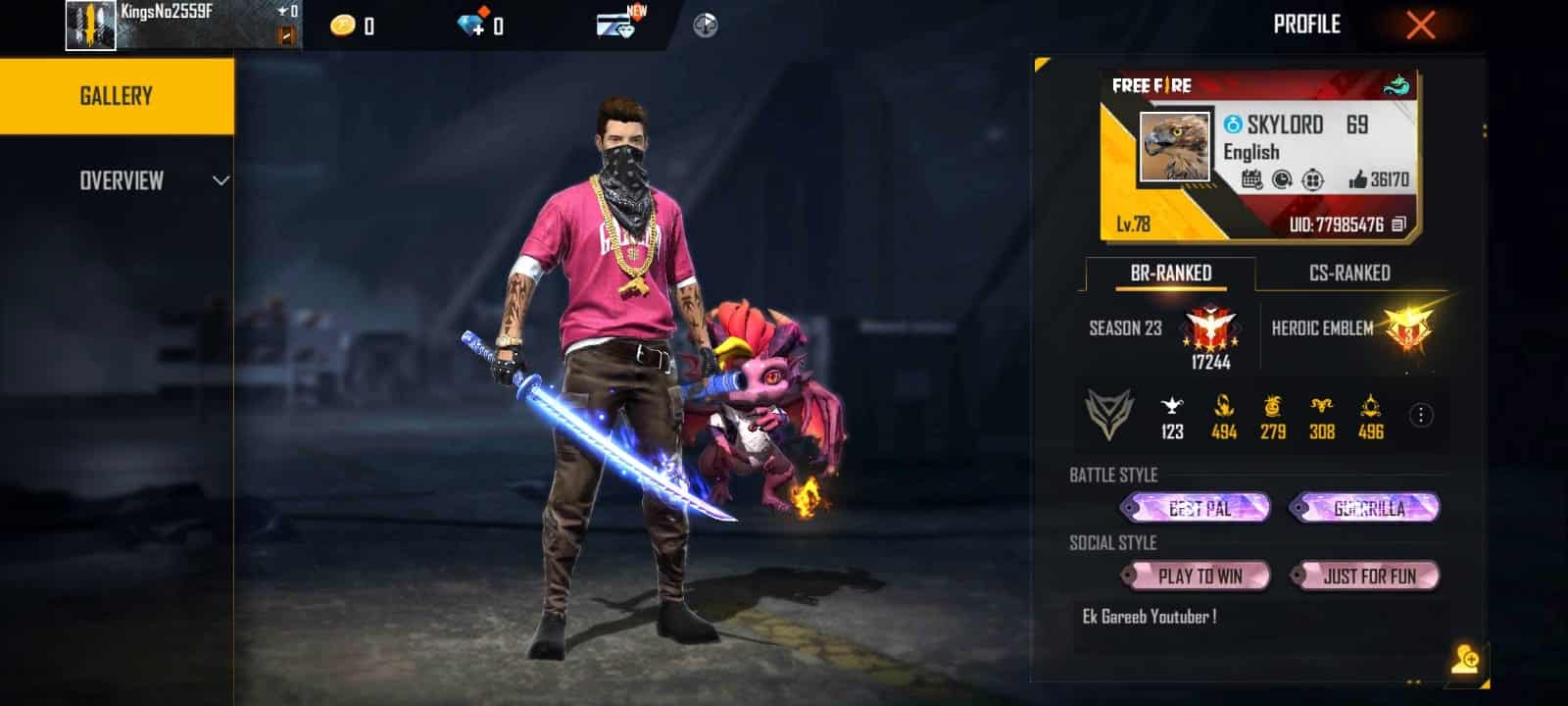 SKYLORD FREE FIRE STATS: ID, NAME, KDA, SOCIAL MEDIA AND MORE