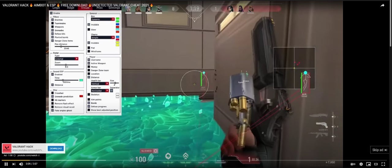 Valorant hacks advertised on YouTube during the ongoing Masters Berlin